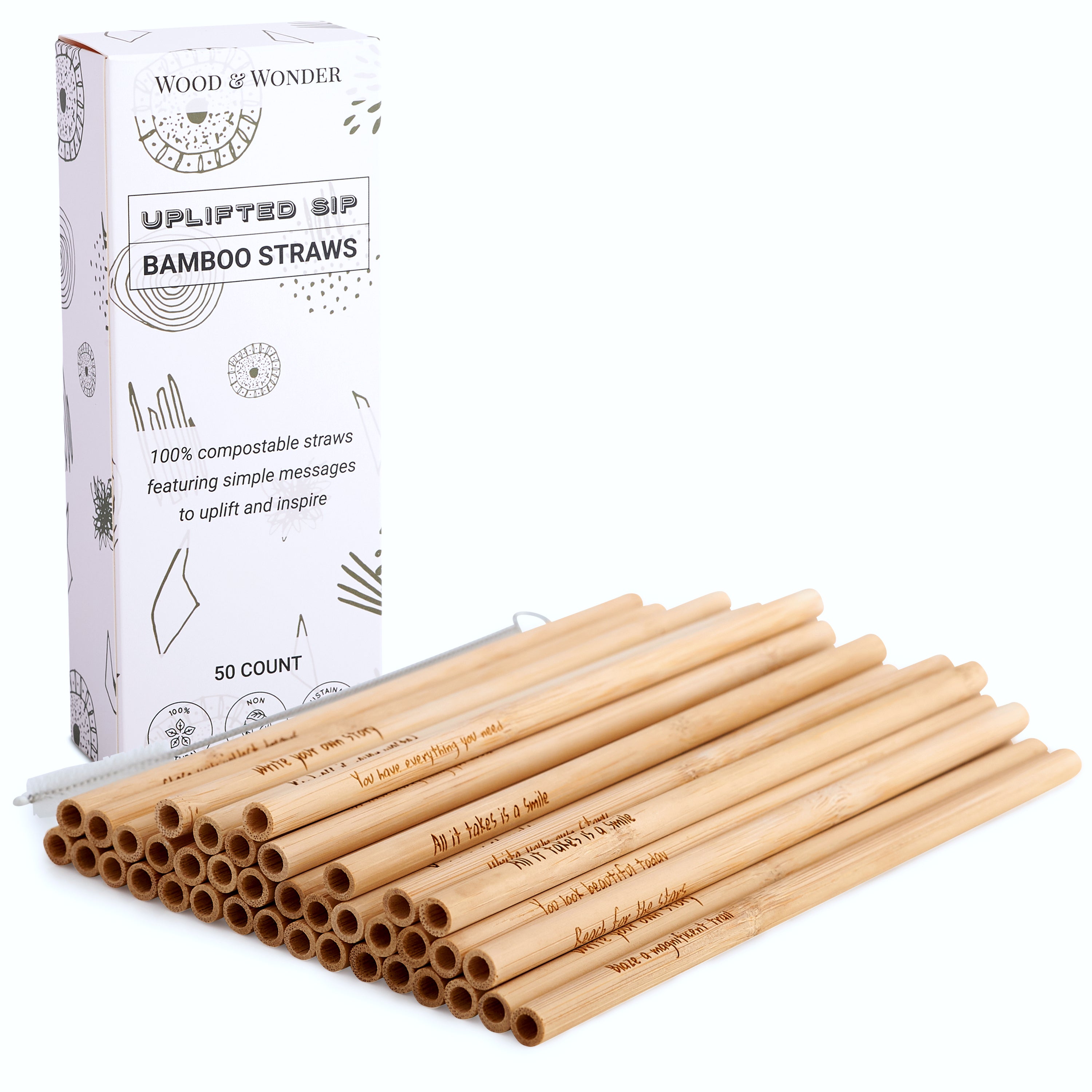 "Uplifted Sip" Reusable Bamboo Straws (7.8", 50-Pack) – Wood & Wonder